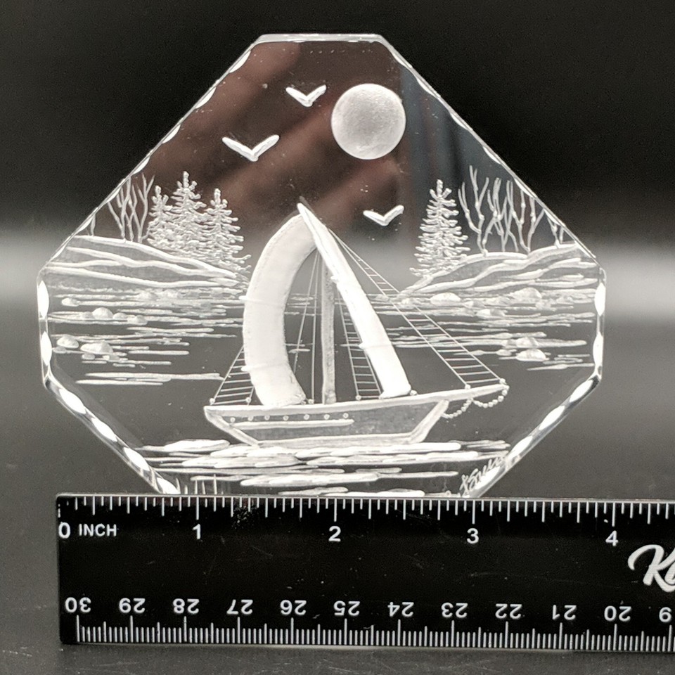 Cindy Folkertsma Acrylic Reverse Carving Sailboat Schooner Birds Sun ...