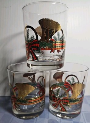 Vintage CULVER Christmas Yule Horn 22K Whiskey Glasses Set Of 3 Ribbon ...