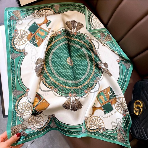 100% Silk Scarf Women Vintage Green Carriag Kerchief Square Bandana ...