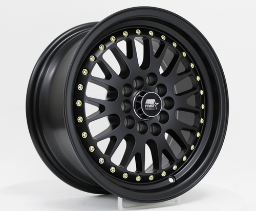 MST MT10 15X7 5X100/5X114.3 Offset 20 Matte Black w/Gold Rivets ...
