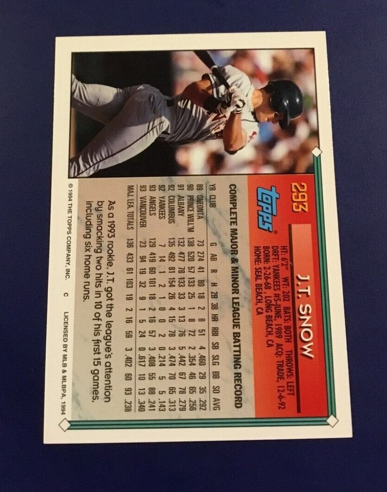 1994 Topps # 293 J.T. SNOW ROOKIE Angels Yankees All Star Rookie Gold ...