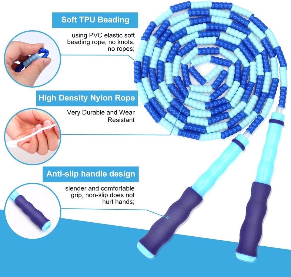 Soft Beaded Adjustable Jump Rope for Kids & Adults Tangle-Free Fitness ...