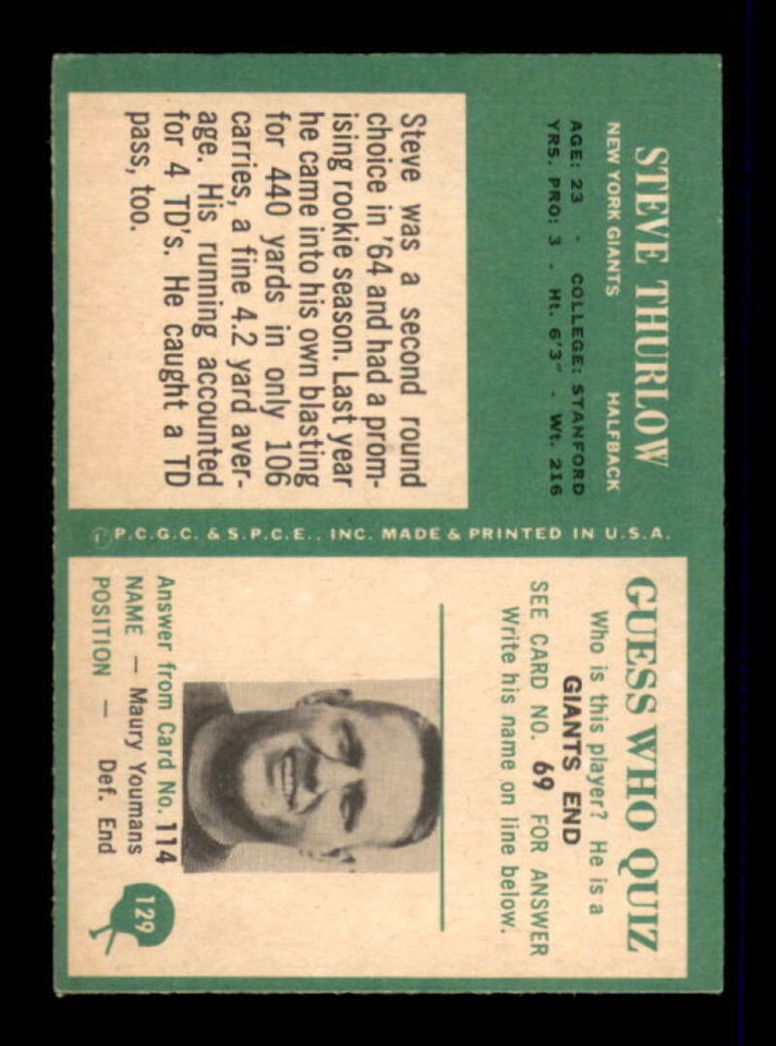 1966 Philadelphia #129 Steve Thurlow EX/EX+ NY Giants 563228 | eBay