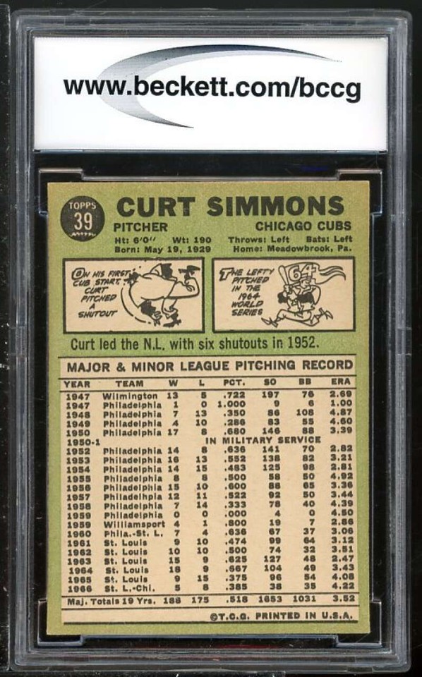 Curt Simmons Card 1967 Topps #39 BGS BCCG 9 (Read Description) | eBay