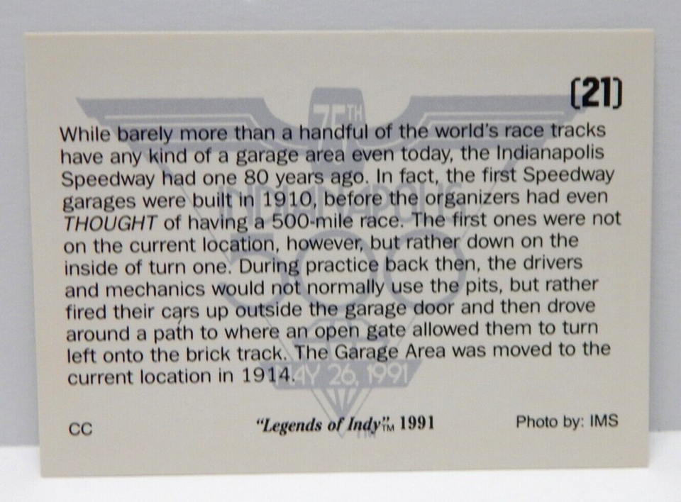 Indy 500 Pre-500 Garage Area 1910 Legends Of Indy Trading Card #21 | eBay