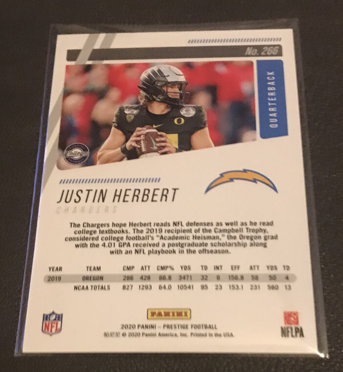 2020 Panini Prestige Justin Herbert Rookie Card #266 Ducks/Chargers | eBay