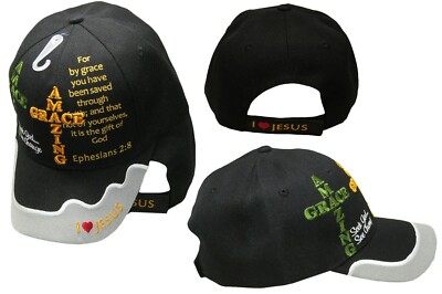 AMAZING GRACE Ephesians 2:8 Christian Black Grey Gray Hat Cap Saved By ...