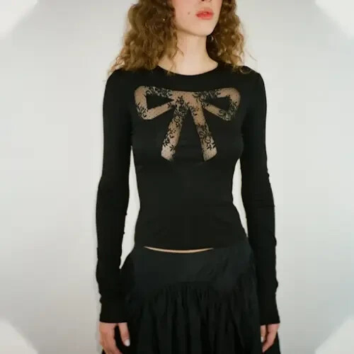 Hollow Lace Mesh Sheer Bow Long Sleeve Crop Tops 2000s Y2k Clothes ...
