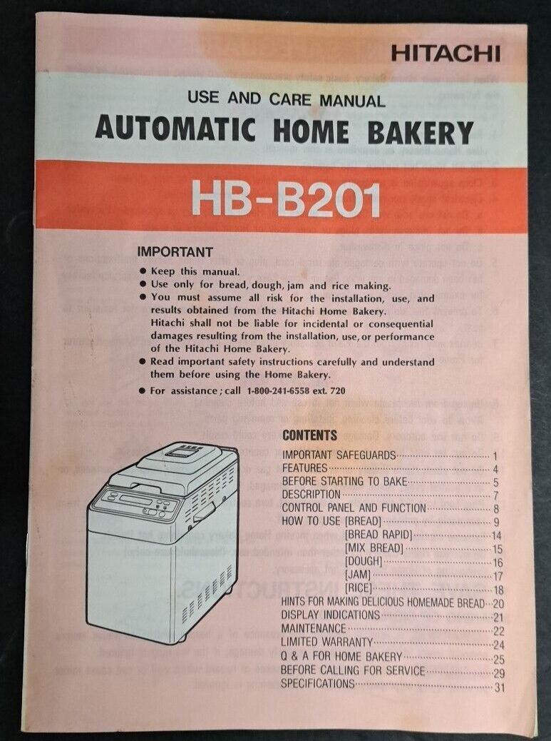 Hitachi Automatic Home Bakery Plus Bread Machine HB-B201 Bread Rice Jam ...