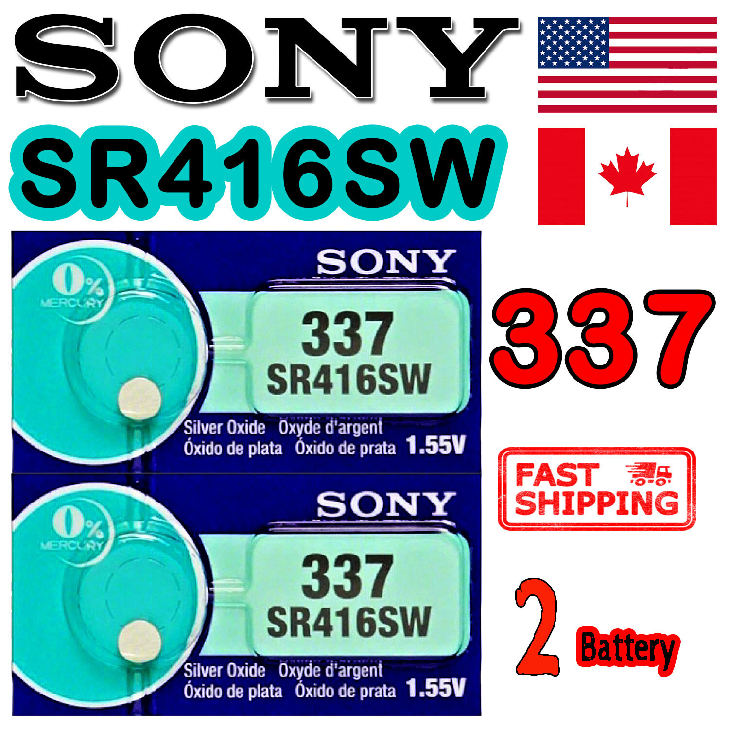2 piece SONY 337 SR416SW Watch Battery 1.55V 280-75 Japan 0% Hg. Exp ...