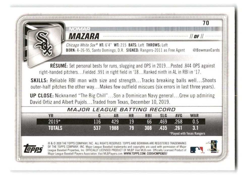 Nomar Mazara 2020 Bowman Baseball #70 Chicago White Sox | eBay