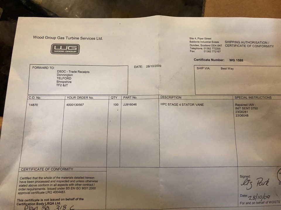 Aircraft HPC Stator Vanes Stage 4 x100 Blade JJ916046 12-185-3354 RB199 ...