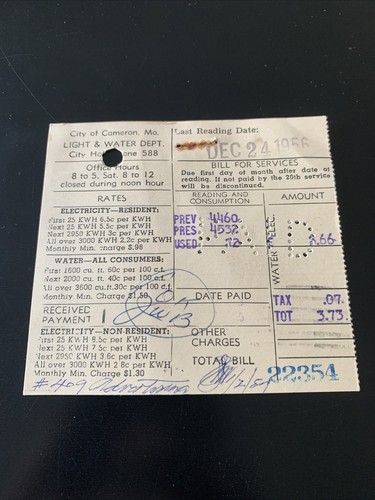Cameron Missouri Light & Water Bill Invoice 1956 | eBay