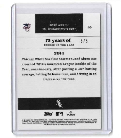 JOSE ABREU 2022 TOPPS ROOKIE OF THE YEAR 75TH ANNIVERSARY AMBER ...