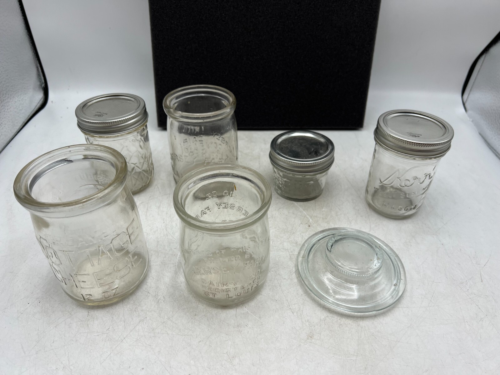 Vintage Lot Glass Jars & Glass Lid - Kerr / Jersey Farm / Patterns - 7 Pieces | eBay
