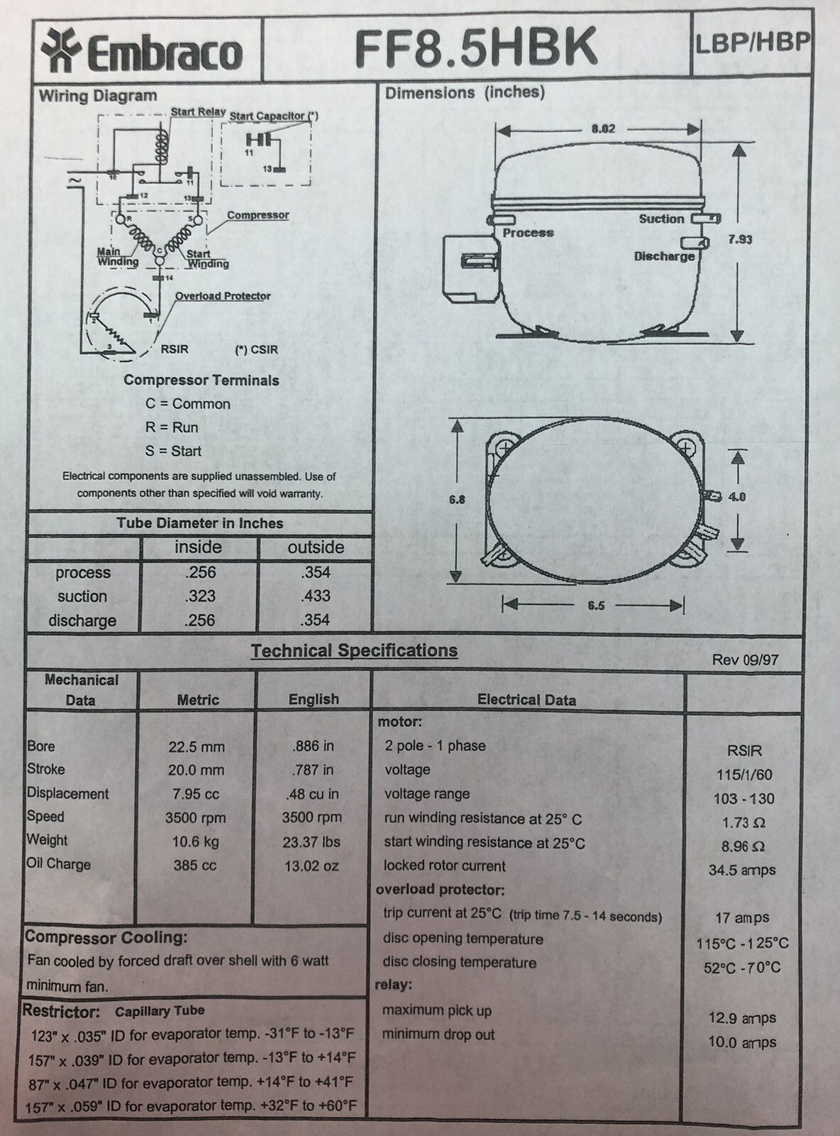 Tecumseh AEA3430YXA Replacement Refrigeration Compressor 1/4 HP R-134A ...