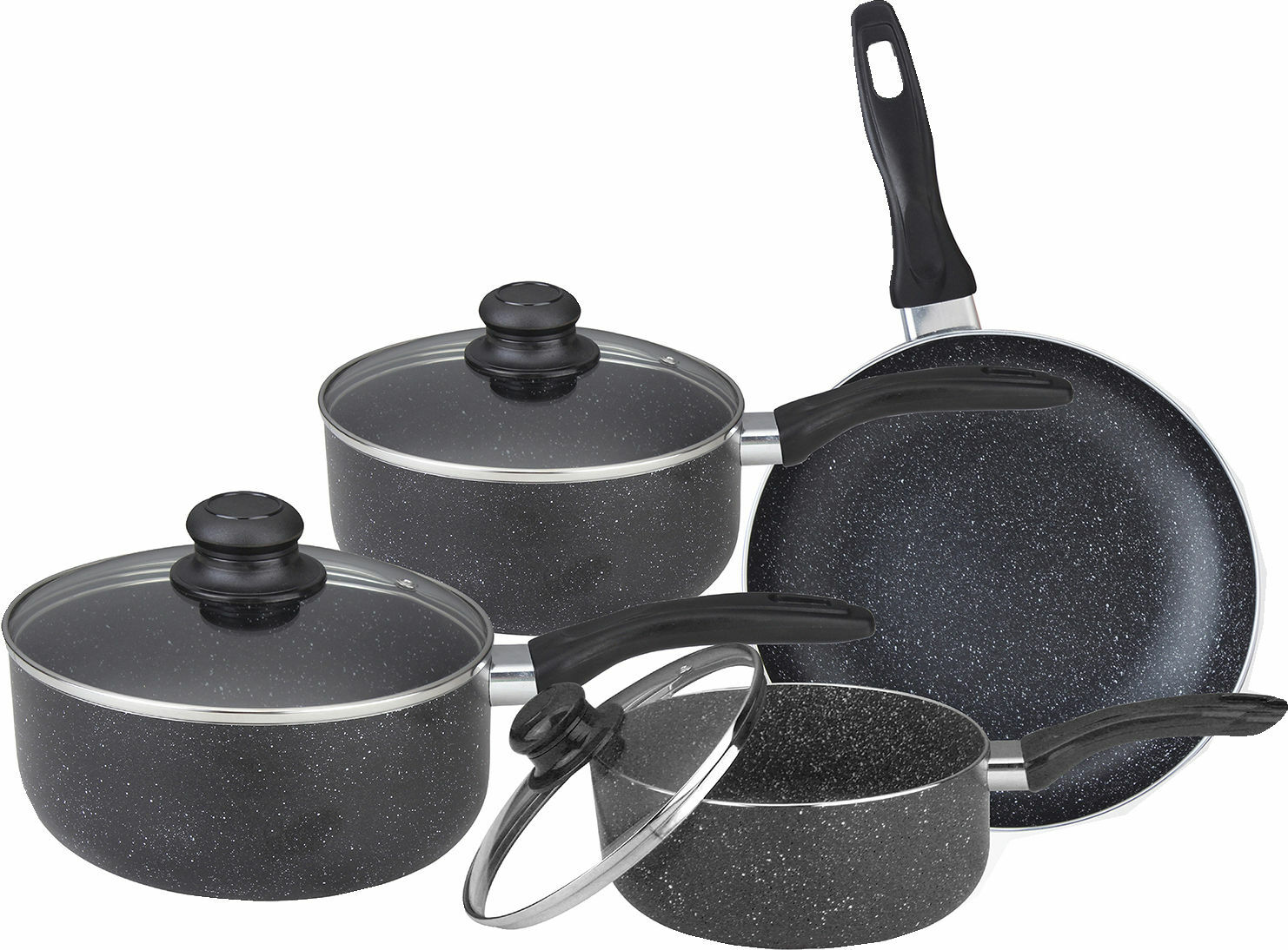 7 PIECE MARBLE SAUCEPAN COOKWARE SET KITCHEN FRYING PAN GLASS LID NON ...