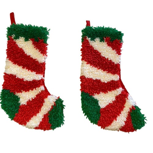 2 Vtg Handmade Latch Hook Shag Christmas 18" Stocking Red White Green ...