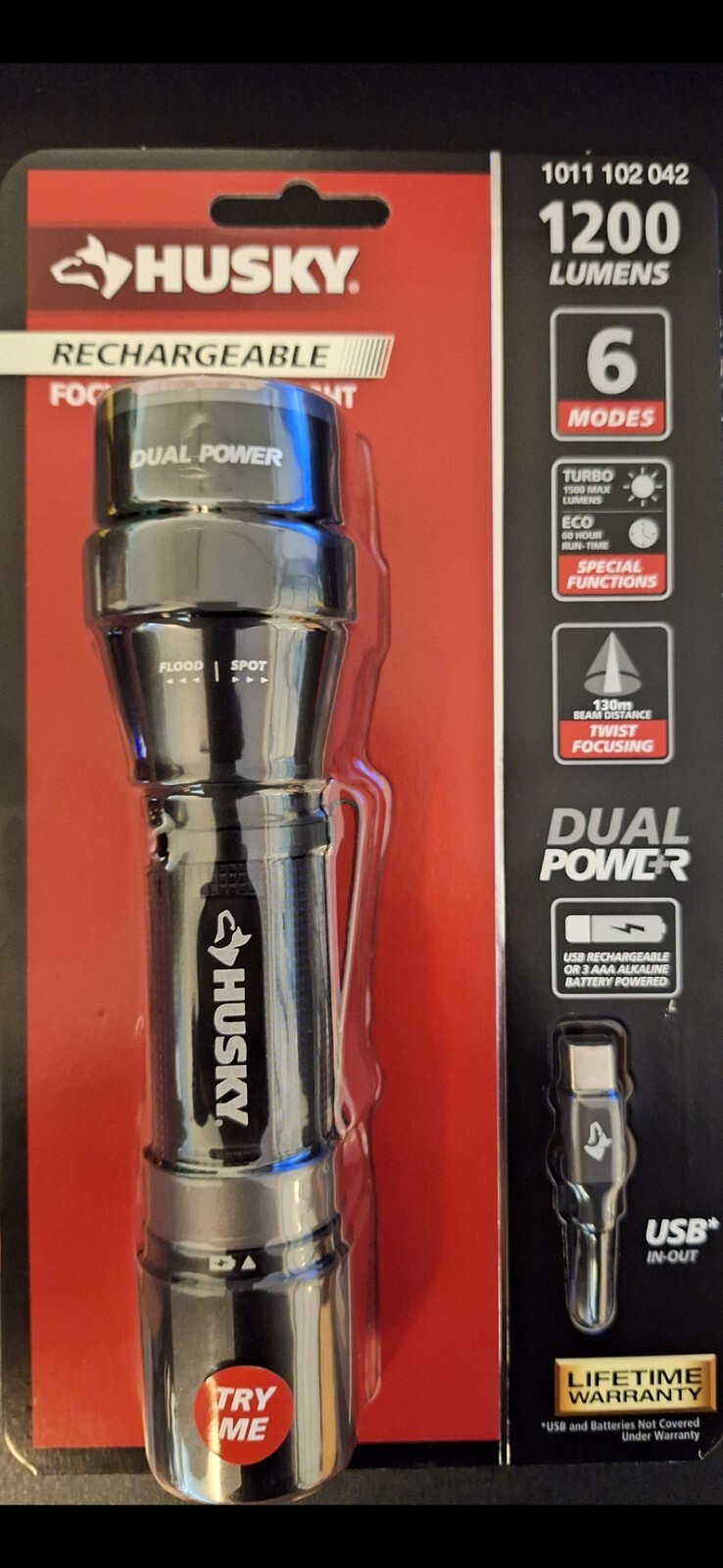 Husky 1200 Lumens Dual Power LED Rechargeable Focusing Flashlight ...