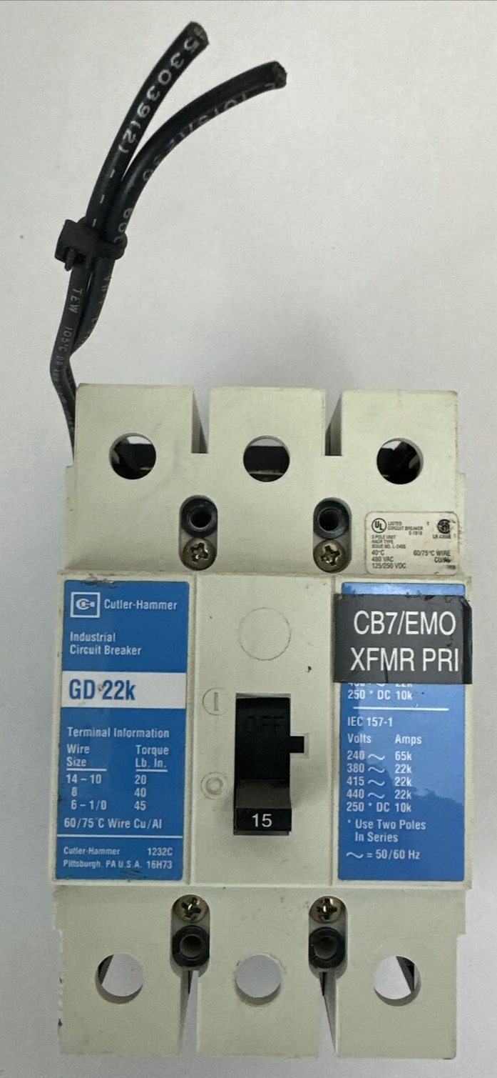 CUTLER HAMMER GD3015 CIRCUIT BREAKER 15A 480VAC 250VDC 3P GD 22K TRIP ...