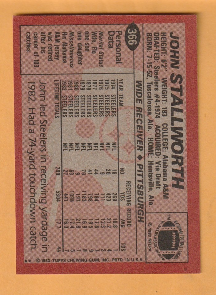 John Stallworth Pittsburgh Steelers 1983 Topps #366 HOF Tuscaloosa ...