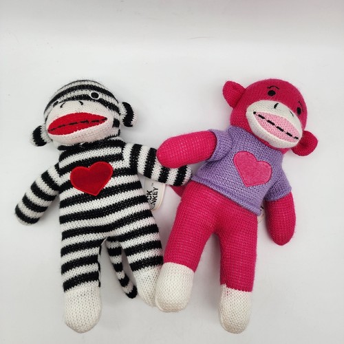 2 Dan Dee Sock Monkey Plush 9" Black White Stripes Pink Red Heart ...
