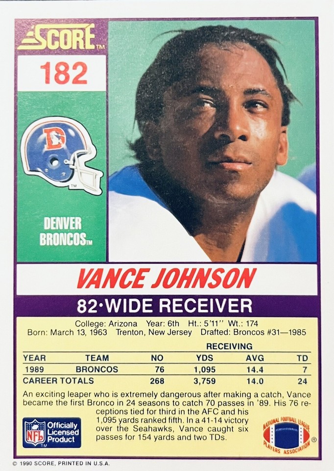 Brand New: Vintage 1990 SCORE Vance Johnson Denver Broncos Trading Card ...