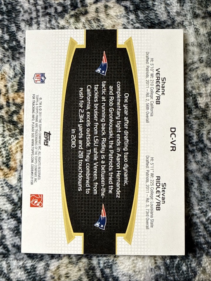 2011 Topps Prime - Dual Combo Stevan Ridley, Shane Vereen #DC-VR (RC ...