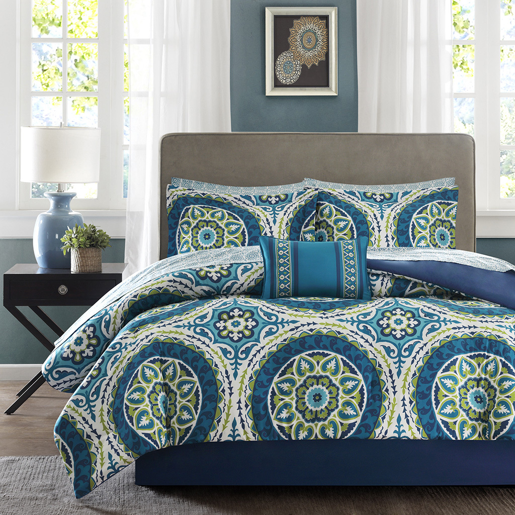 BEAUTIFUL CHIC BOHEMIAN BLUE TEAL AQUA GREEN TROPICAL COMFORTER SET ...