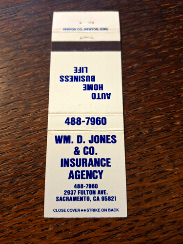 Vintage Matchbook: Wm. D. Jones & Co Insurance, Sacramento, CA | eBay