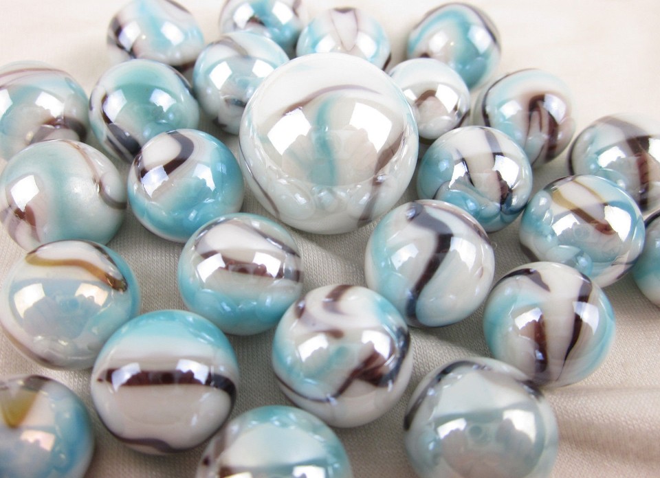 25 PACK Glass Marbles WHITE TIGER Brown/Blue game pack Iridescent ...