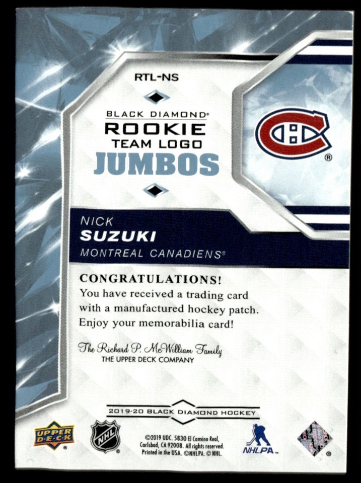 2019-20 UD Black Diamond Rookie Team Logo Jumbos Rookie Nick Suzuki ...