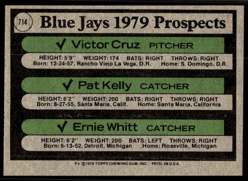 1979 Topps Blue Jays Prospects - Victor Cruz/Pat Kelly/Ernie Whitt RC ...