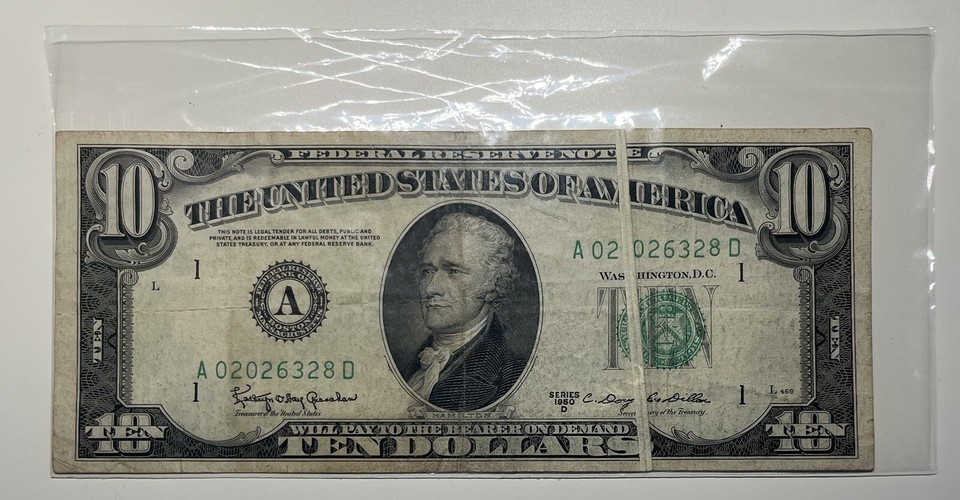 1950 D $10 Ten Dollar Bill ERROR Gutter Fold Federal Reserve Note ...