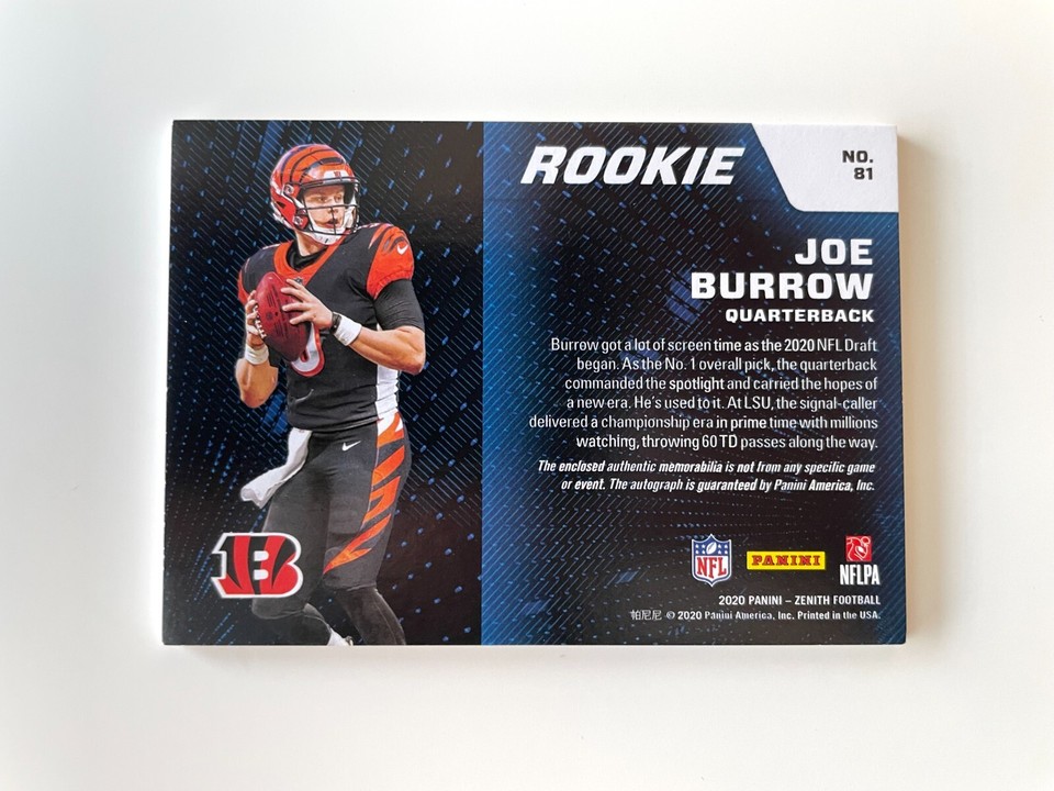 2020 Zenith Cincinnati Bengals Joe Burrow Rookie Patch Auto RPA /50 ...