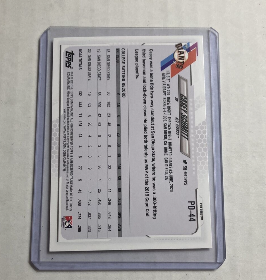 2021 Topps Pro Debut #PD-44- CASEY SCHMITT Rookie RC Card. | eBay