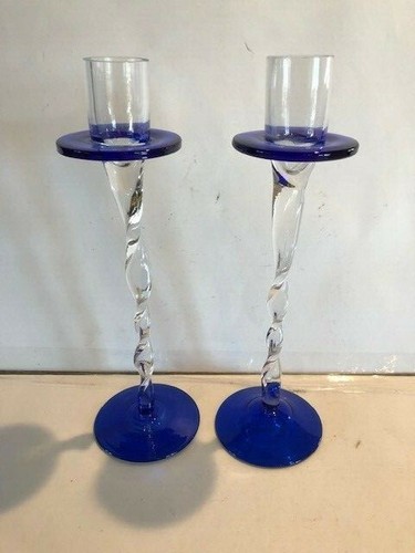 Hand Blown Clear Twisted Stem Cobalt Blue Candle Sticks (Set of 2) | eBay