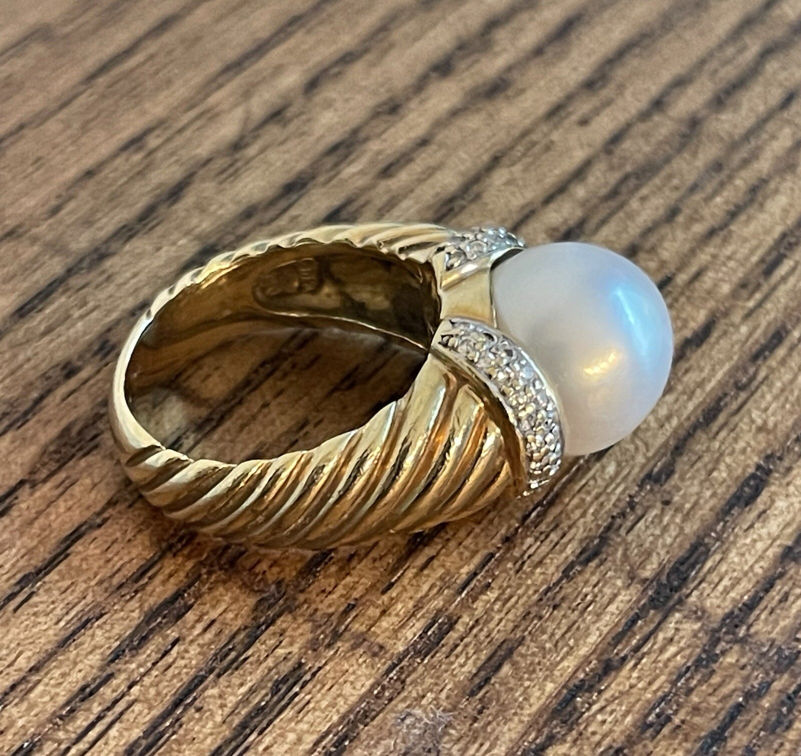 David Yurman-18k Yellow Gold, Pearl & Diamond Cable Ring-13mm Pearl-20. ...