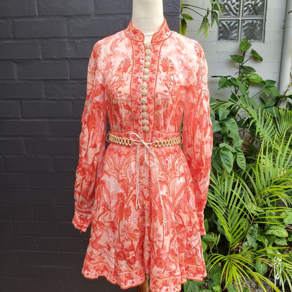 Zimmermann Red Orange Lyre Billow Sleeve Mini Dress Size 1 AU 10 US 6 ...