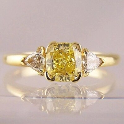 1 Ct Cushion Lab Created Canary Diamond Three Stone Ring 14K Yellow ...