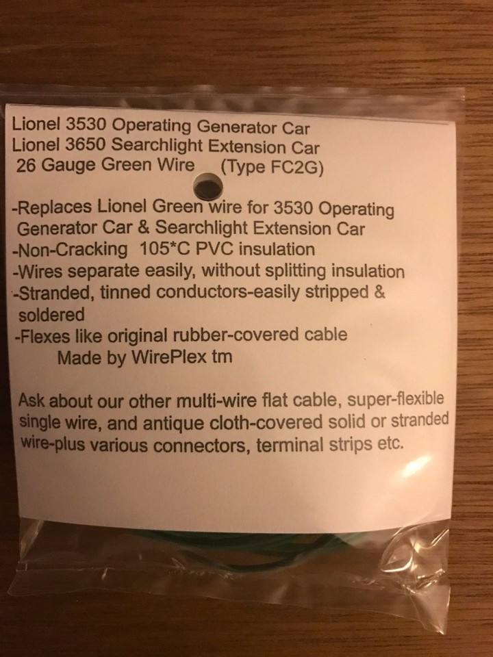 Wire-Plex™ Green 26 gauge wire for Lionel 3530 Operating Generator Car ...