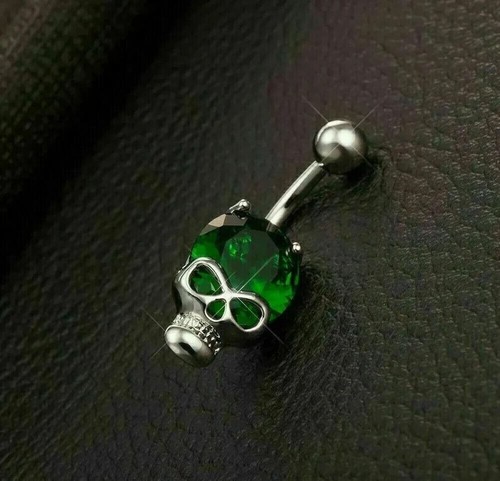 14K White Gold Plated 1.00Ct Round Cut Simulated Emerald Skull Belly Ring Women | eBay
