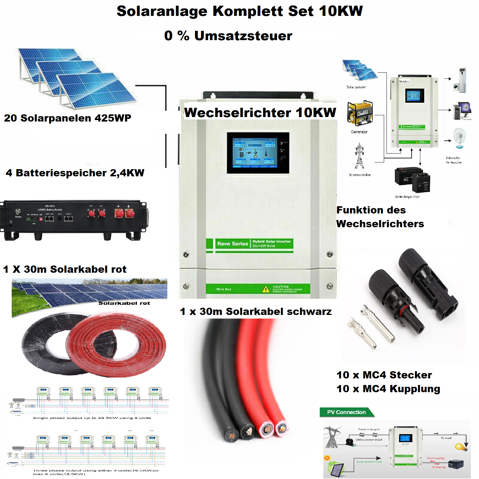 10KW Solaranlage Komplettpaket 10KW Wechselrichter 9,6KWH ...