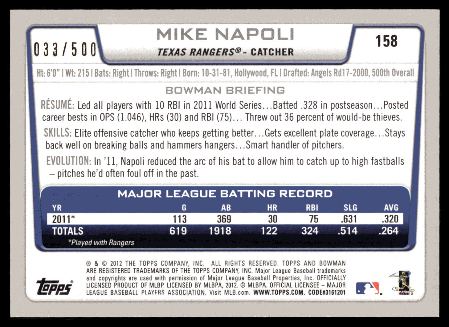 2012 Bowman Blue Mike Napoli SN500 #158 Texas Rangers 22F | eBay