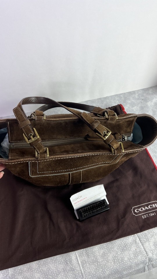 COACH Purse Hampton 8B03 Dark Brown Suede Teal Trim Shoulder Handbag ...