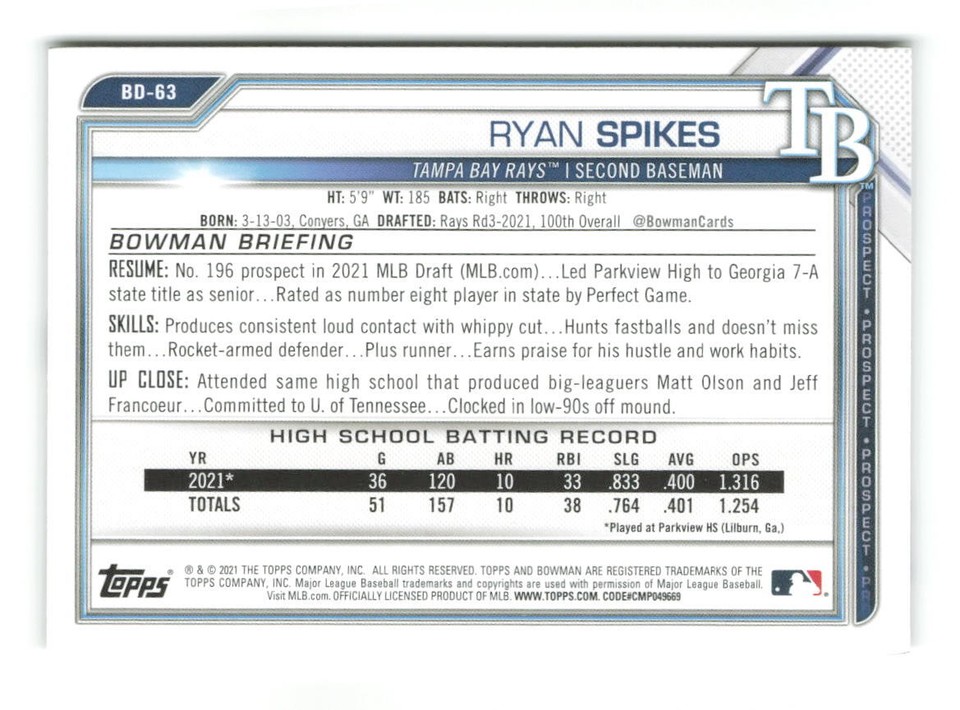 2021 Bowman Draft Ryan Spikes #BD-63 1st Bowman Tampa Bay Rays Baseball ...