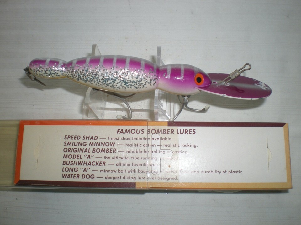 Vintage Bomber Water Dog Lure ~5.5" w Box, paper - PURP BK / YLW BELLY ...
