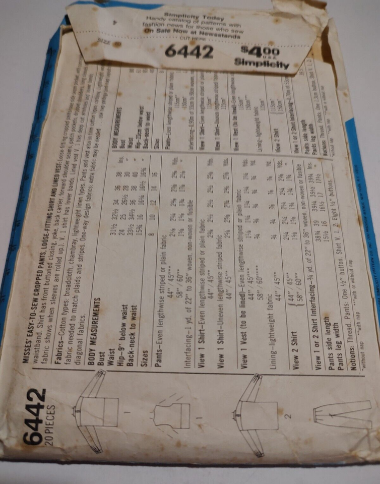 1984 SIMPLICITY 6442 Misses' Easy To Sew Cropped Pants Shirt Vest Size ...
