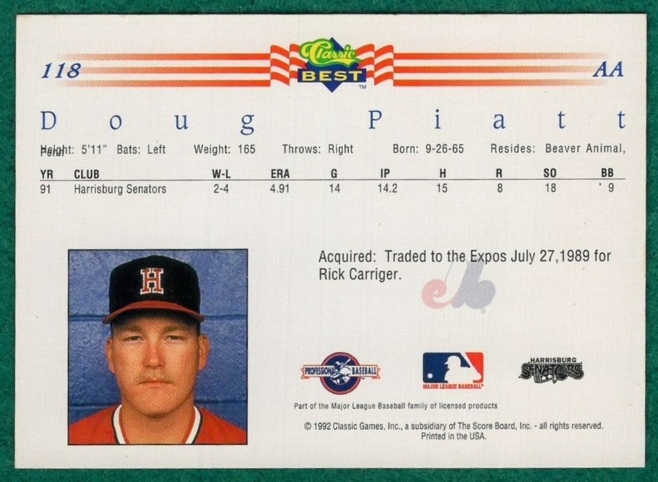 Doug Piatt - 1992 Classic Best #118 - Harrisburg Senators Baseball Card ...