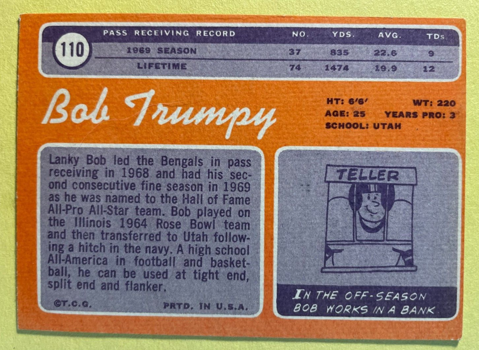 SIGNED BOB TRUMPY 1970 TOPPS ROOKIE FOOTBALL CARD AUTOGRAPH - BENGALS ...